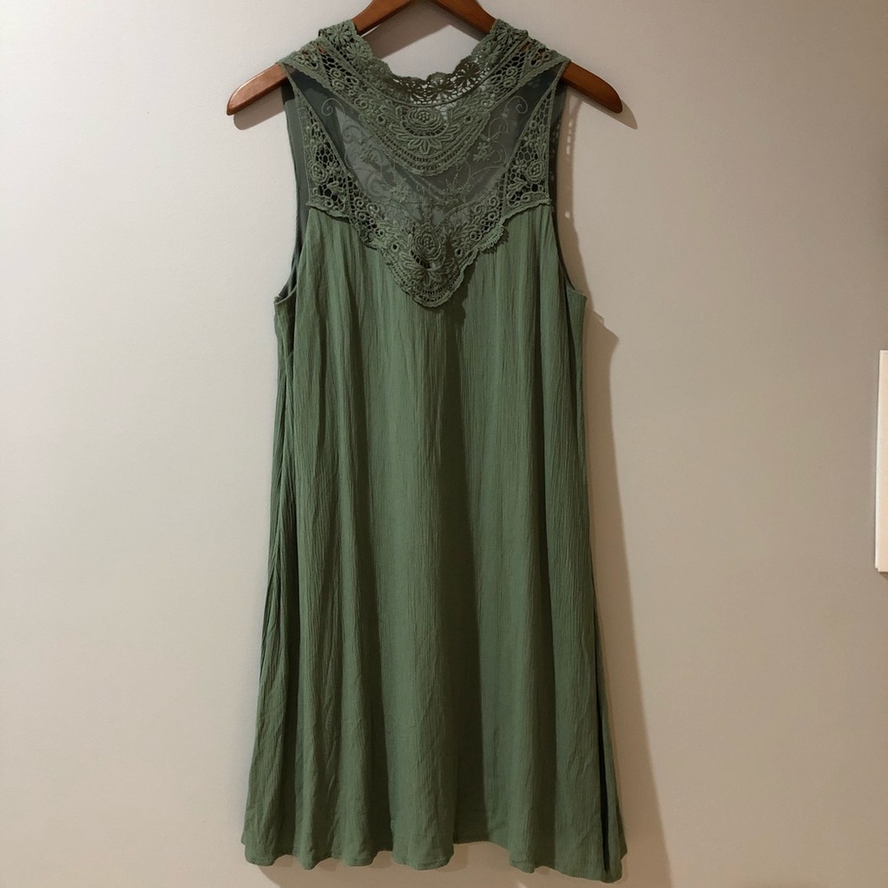 Forest Green Flowy Dress With Laced Neck - Gem